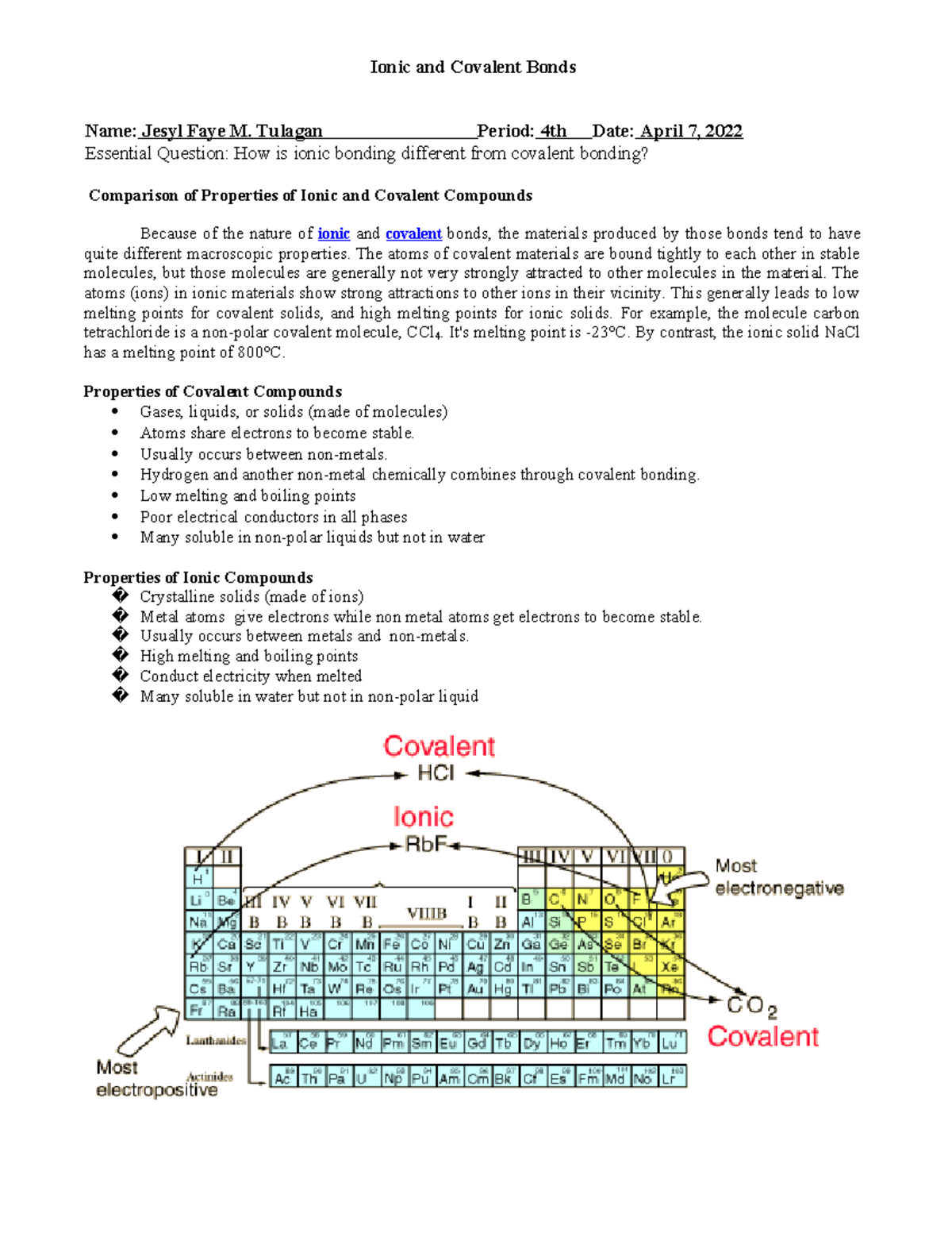 Activity 7: Ionic vs. Covalent Bonds Comparison and Properties - Studocu