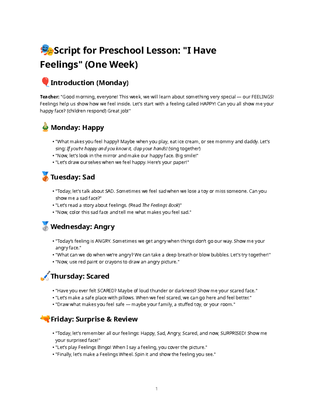Preschool Lesson Plan: Exploring Our Feelings (One Week) - Studocu
