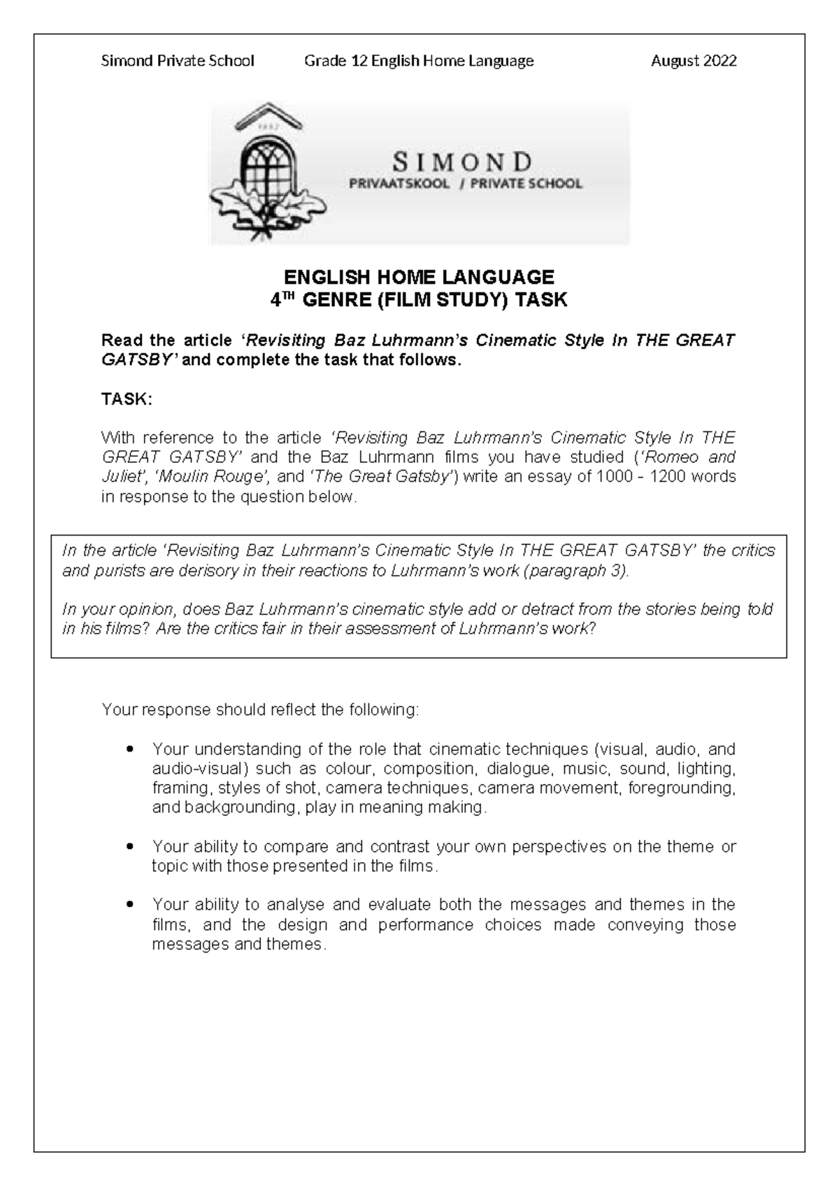 Grade 12 English - 4th Genre Task: Analyzing Baz Luhrmann's Style - Studocu