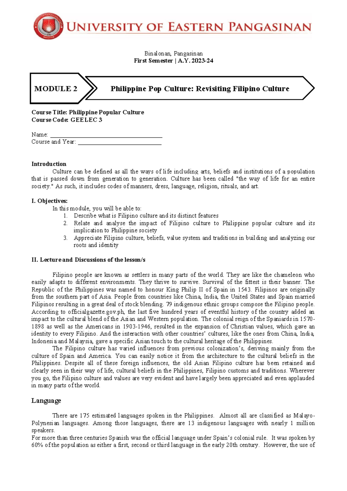Philippine Popular Culture: Module 2 Insights (GEELEC 3) - Studocu