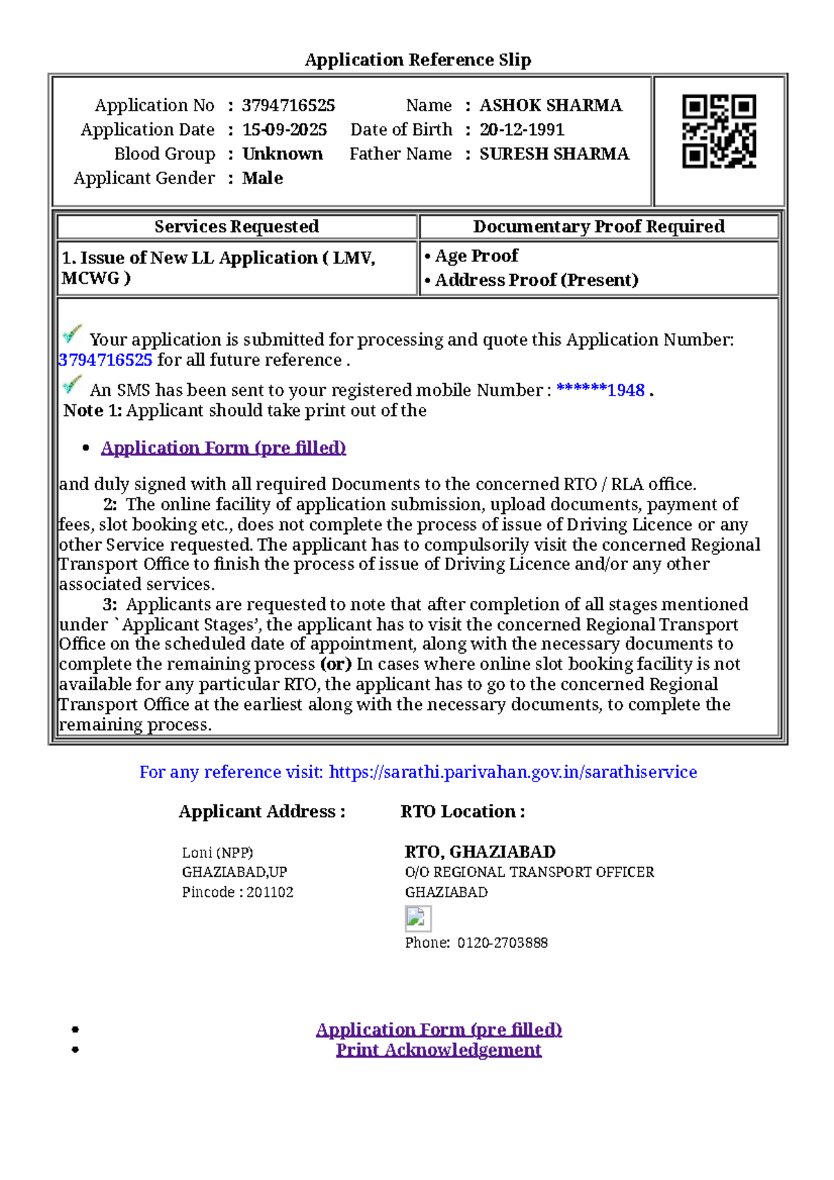 New LL Application Acknowledgement - App No: 3794716525 - Studocu
