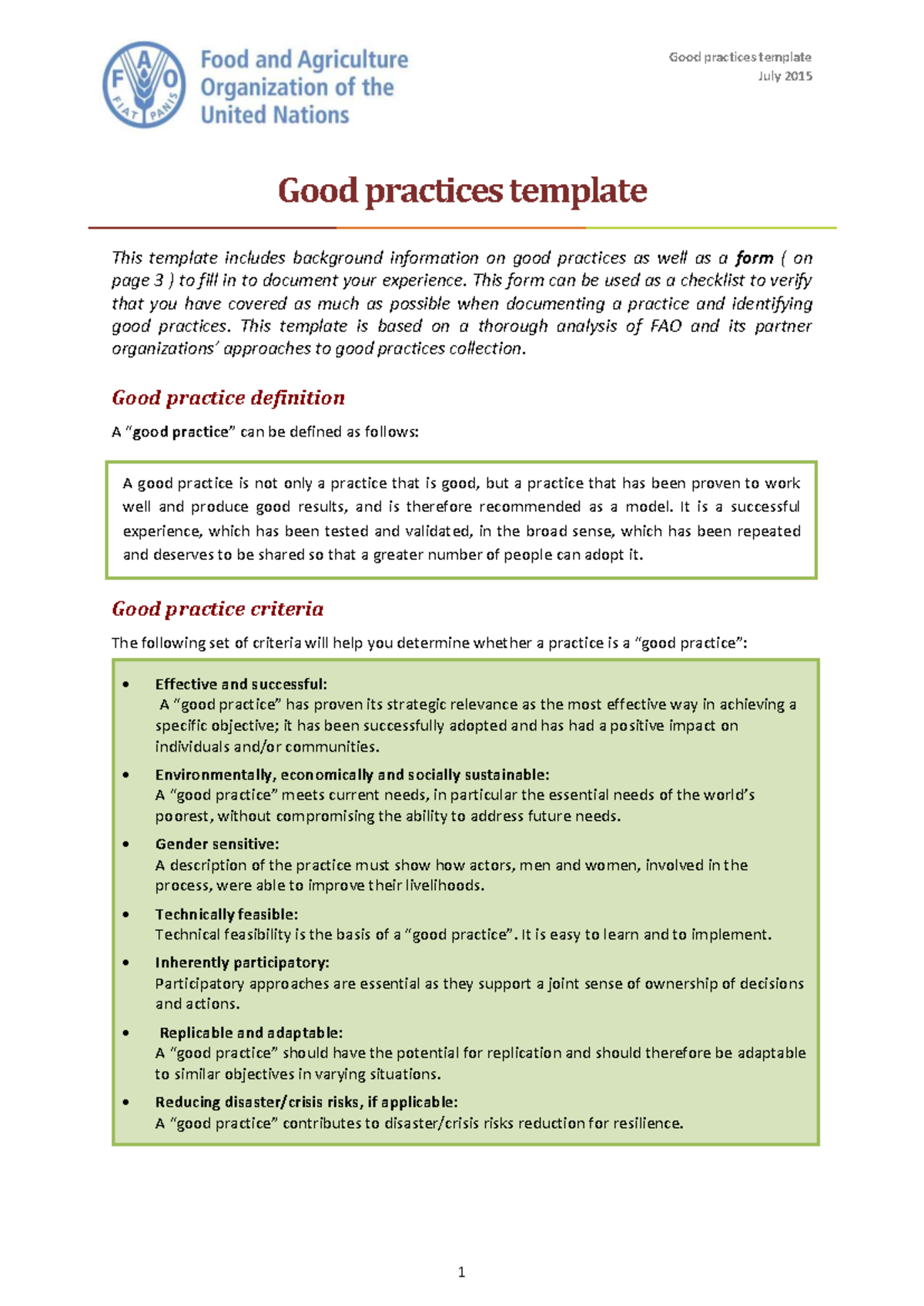 FAO Good Practices Template - Guidelines and Checklist 2015 - Studocu