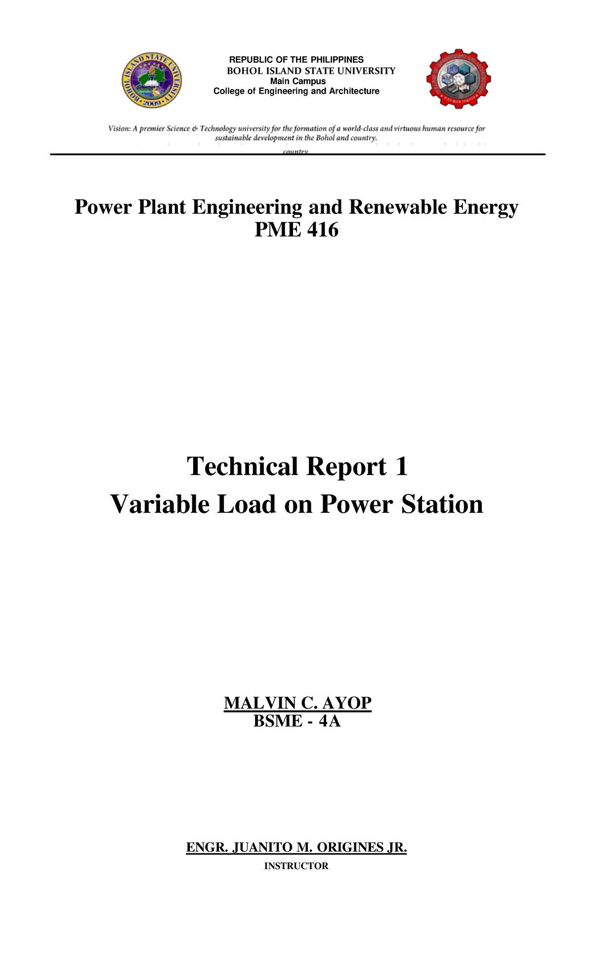 Technical Report 1: Variable Load Impact on Power Plant - PME-416 - Studocu
