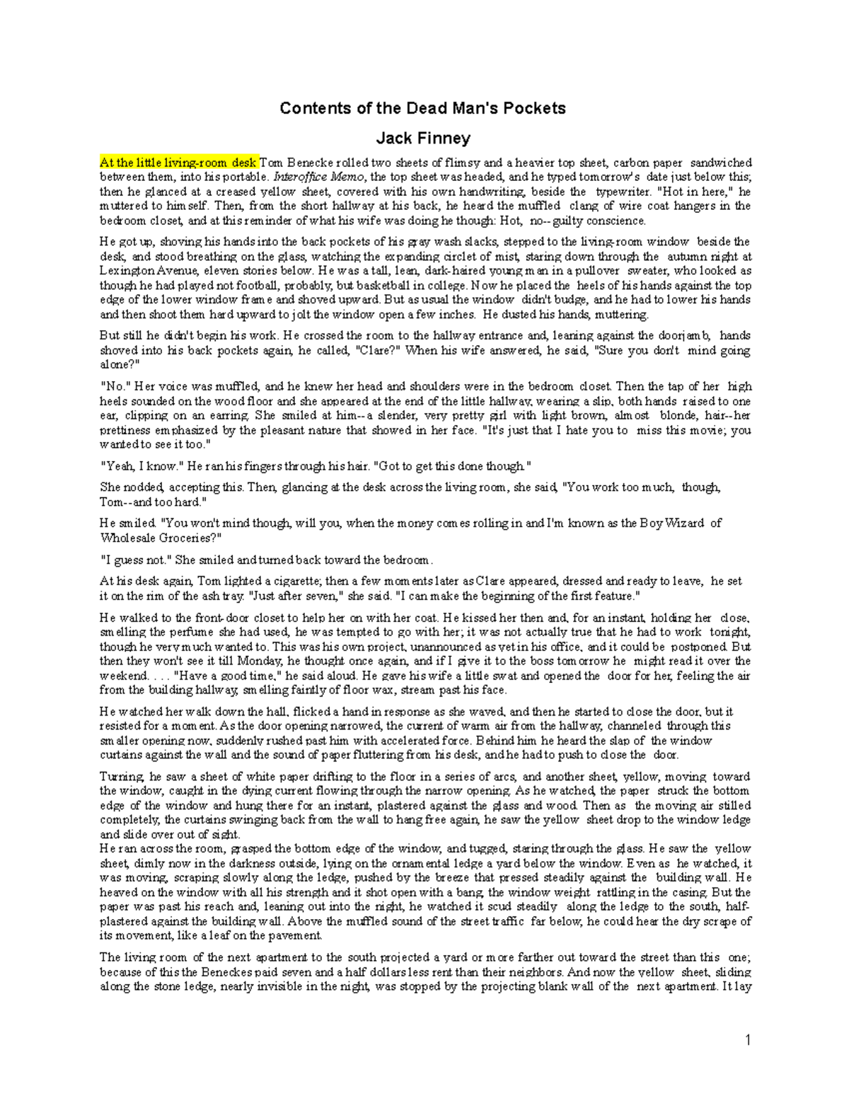 Contents of the Dead Man's Pockets - Text Analysis and Summary - Studocu