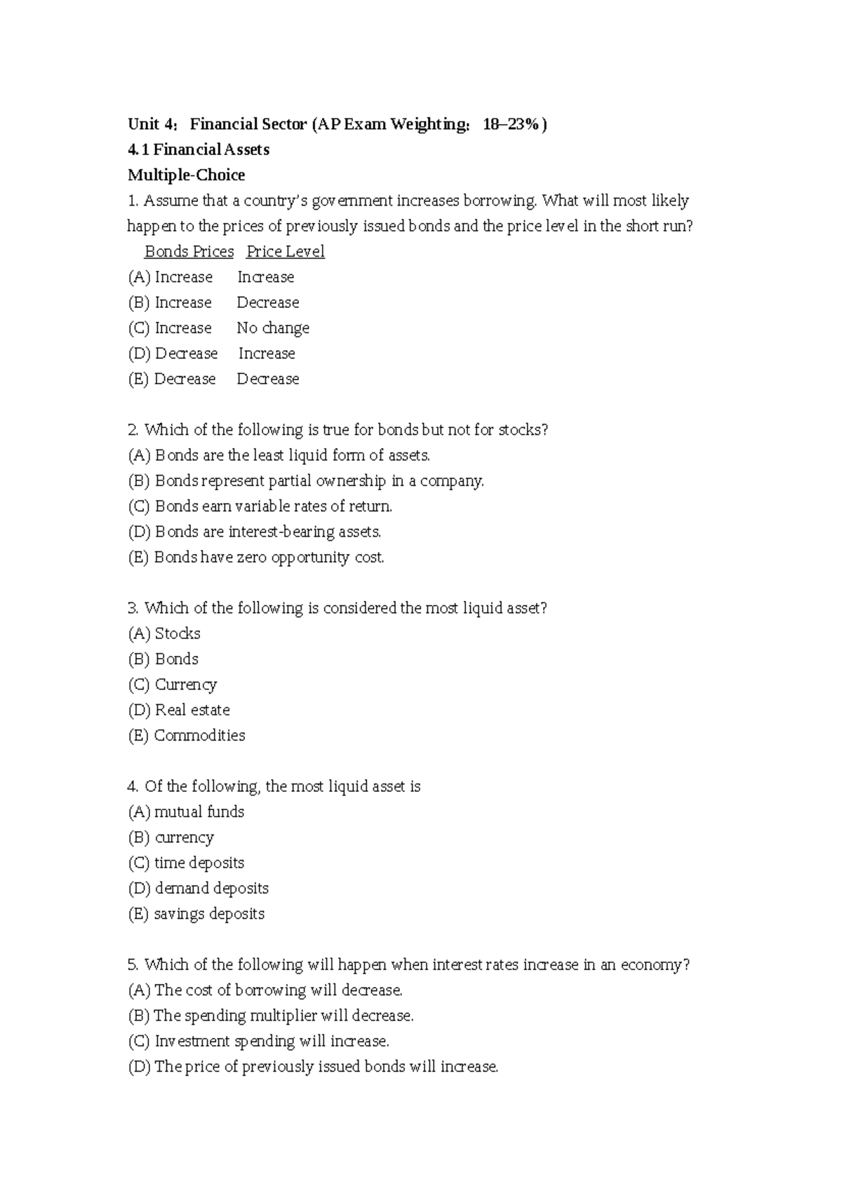 AP Macroeconomics Unit 4: Financial Sector MCQs & Answers - Studocu