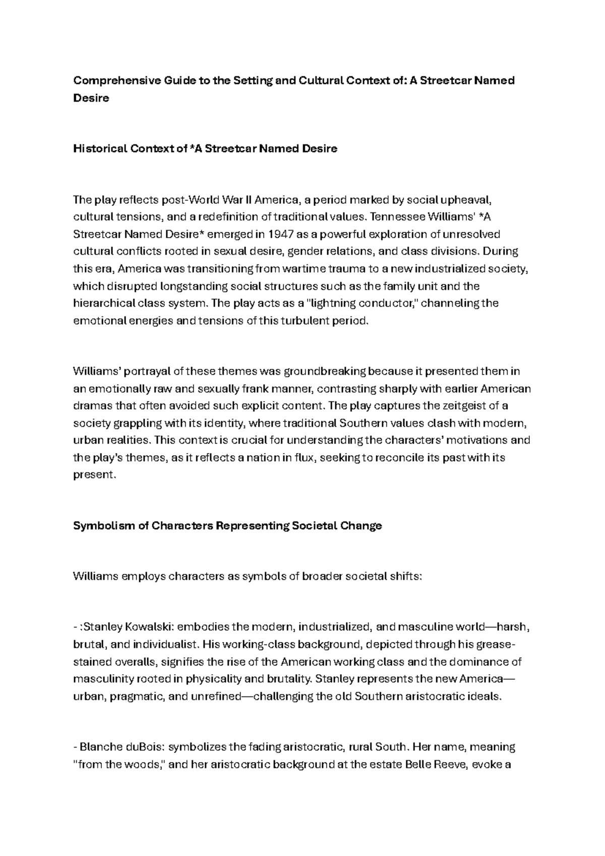 A Streetcar Named Desire (ENG 101) Cultural Context & Character ...