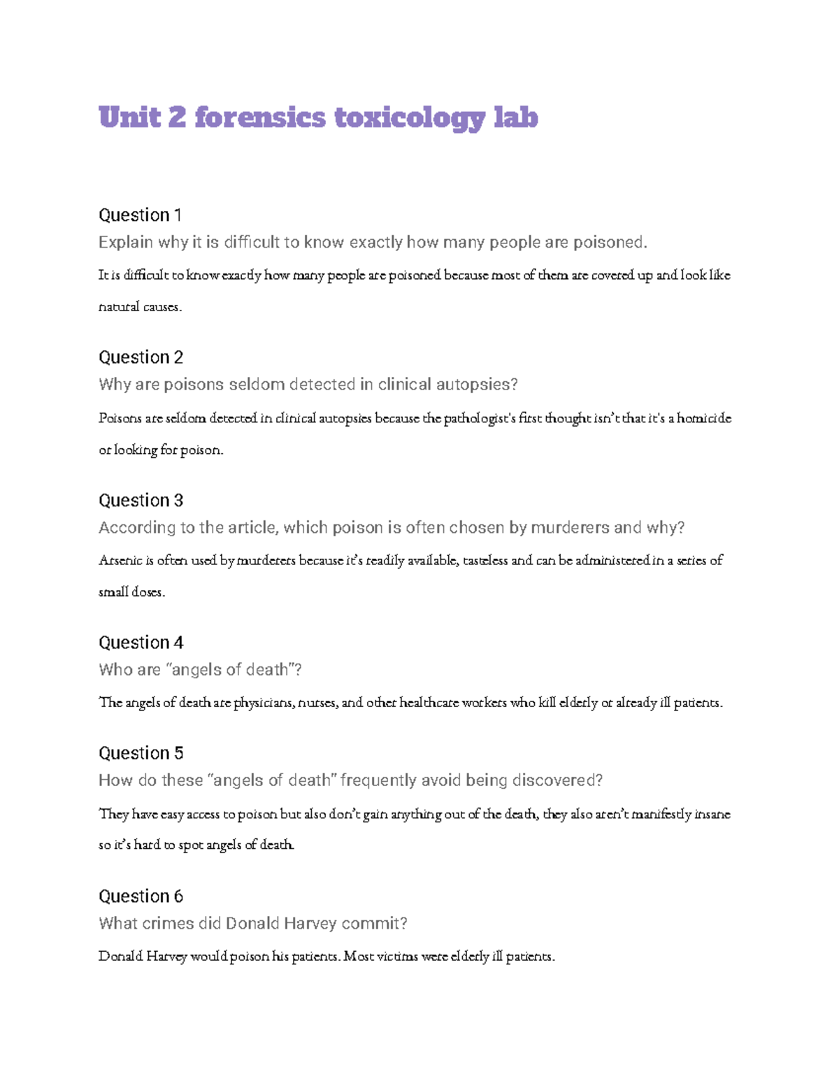 Unit 2 Forensics Toxicology Lab: Poison Detection Challenges and Cases ...