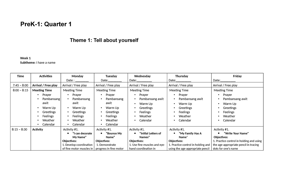 ECCD - PreK-1 Weekly Session Plan: Quarter 1 Activities - Studocu
