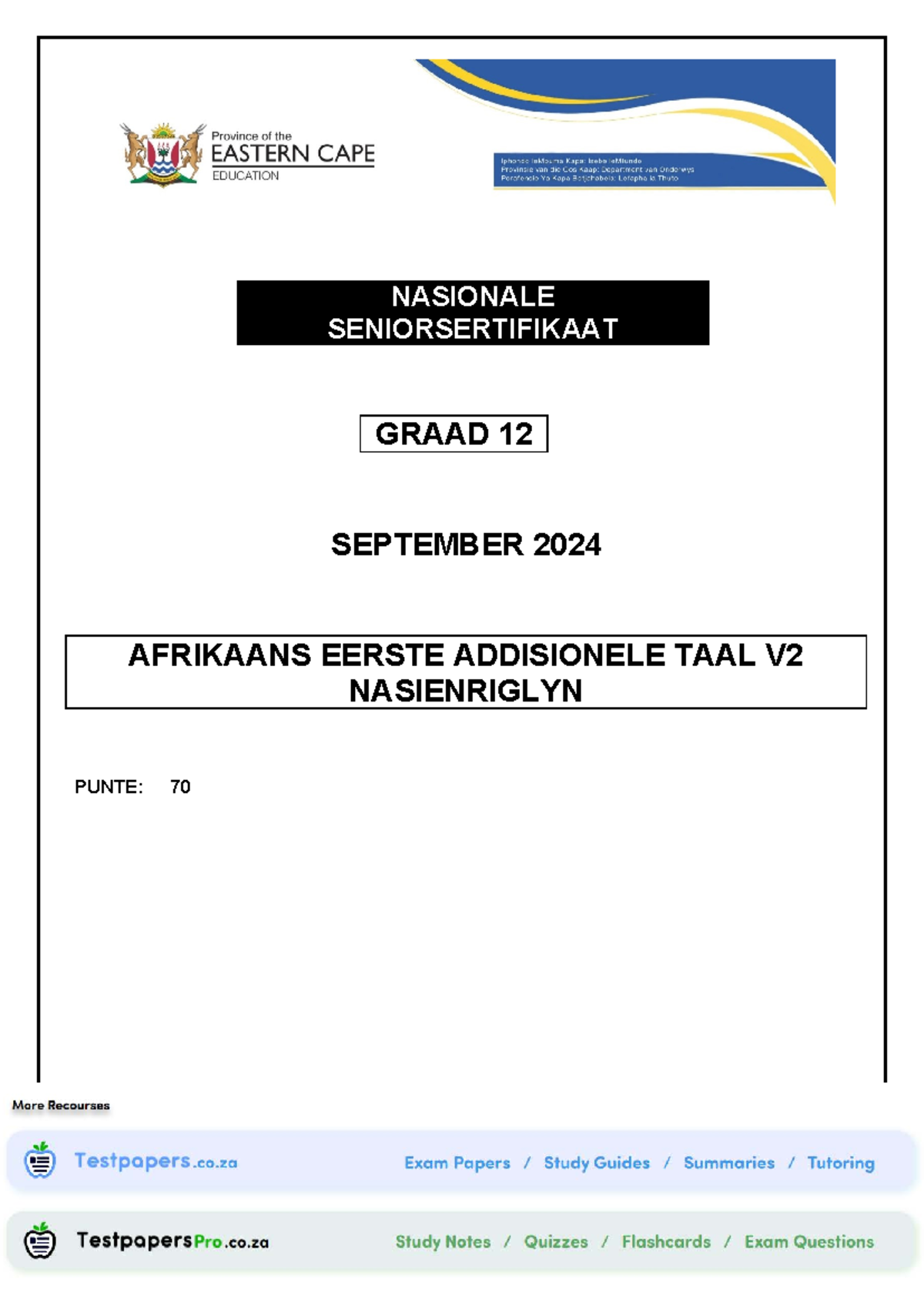 Afrikaans FAL P2 Gr12 Nasienriglyn MEMO September 2024 - Studocu