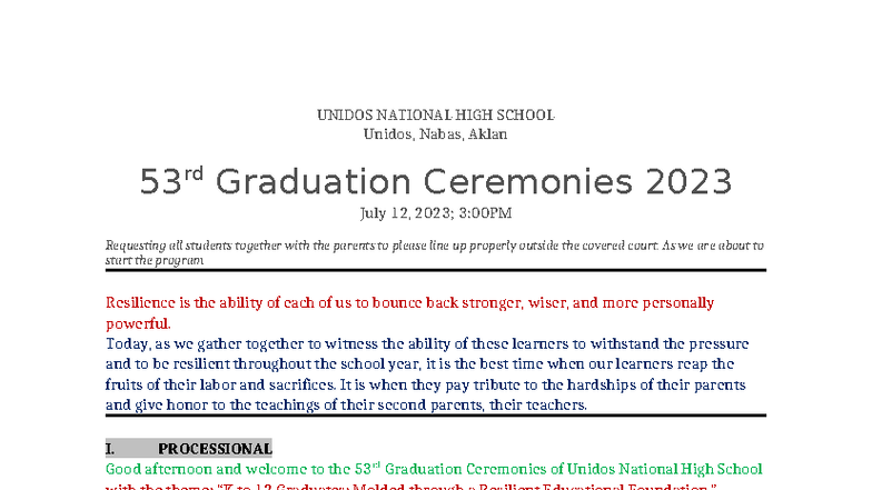 Unidos National High School 53rd Graduation Ceremonies Script 2023 ...