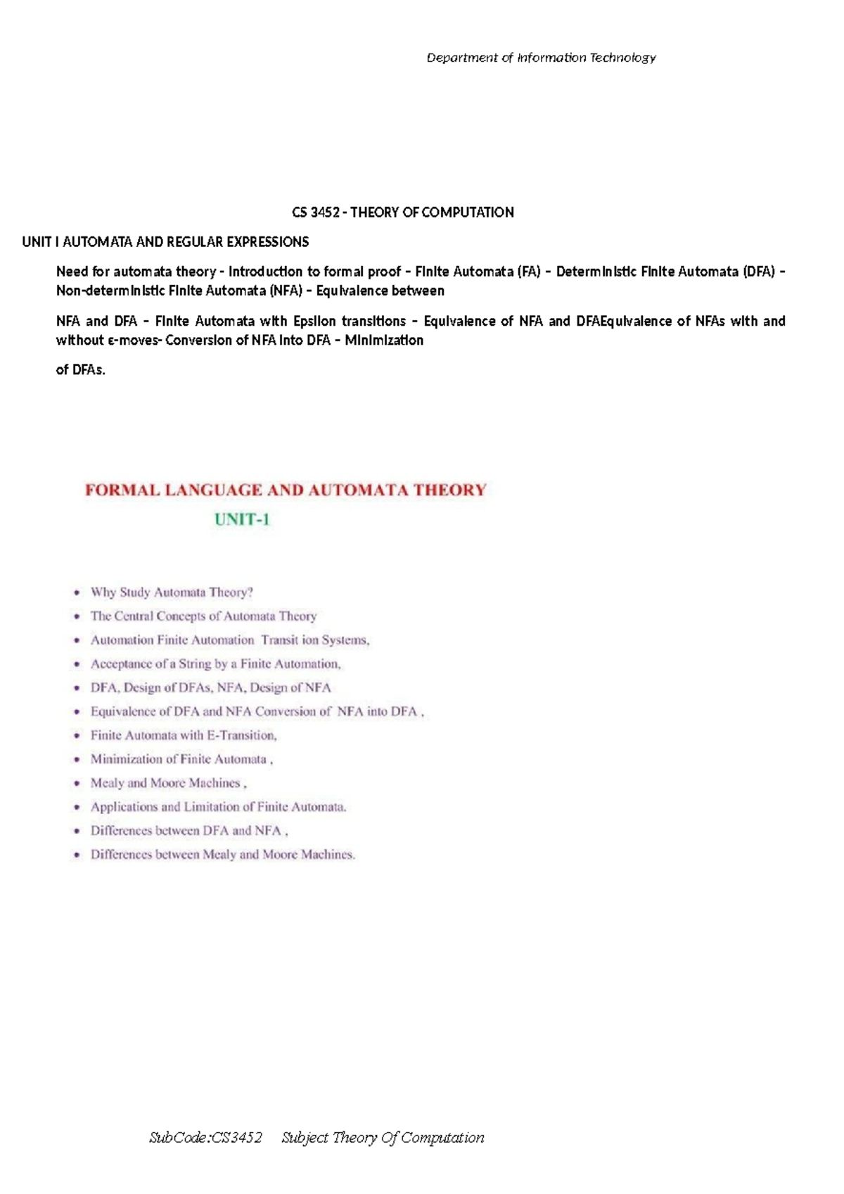 CS 3452 Theory of Computation Unit I: Automata & Regular Expressions ...