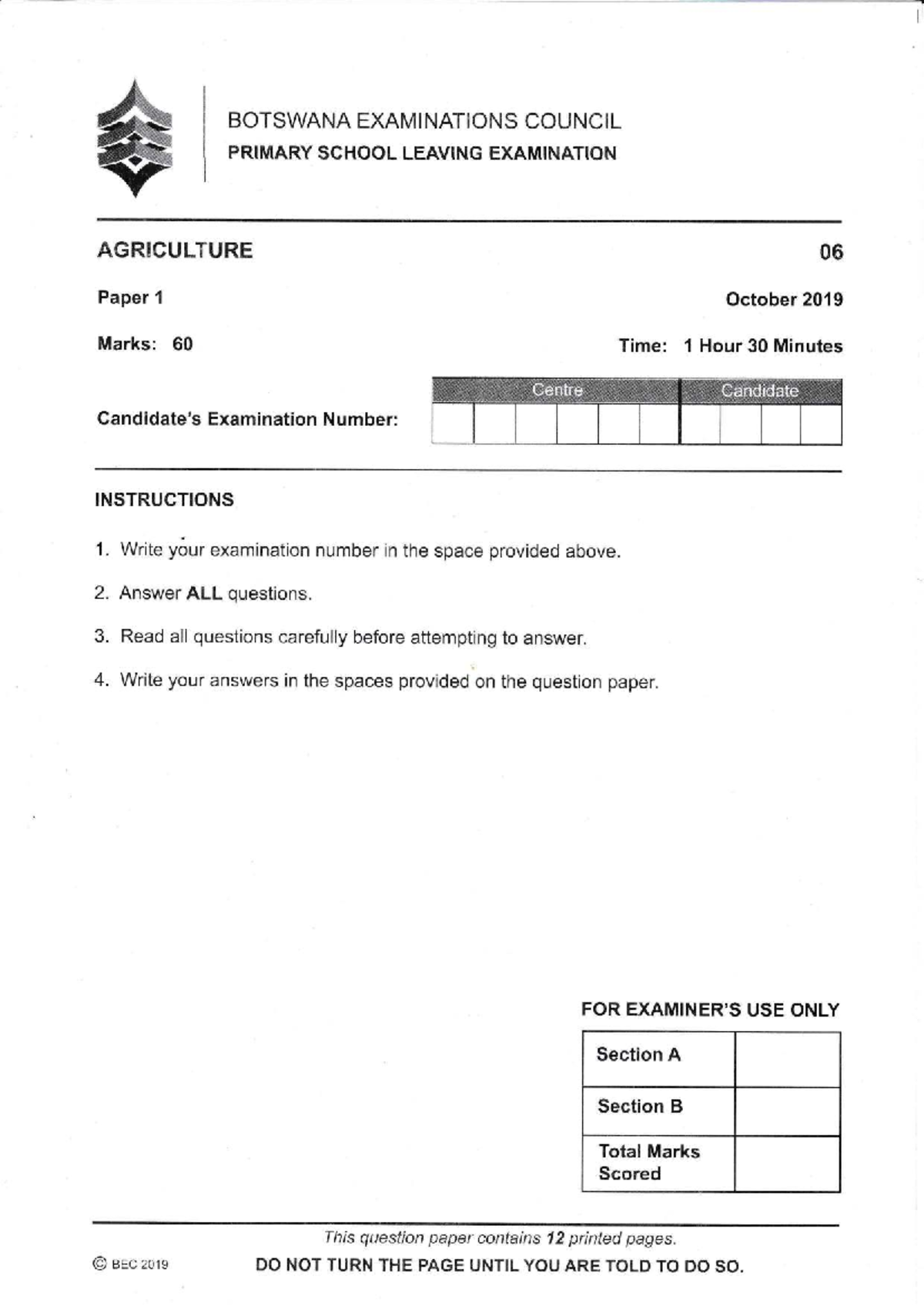 Agriculture PSLE 2019 Exam Paper 1 - Botswana Primary School - Studocu