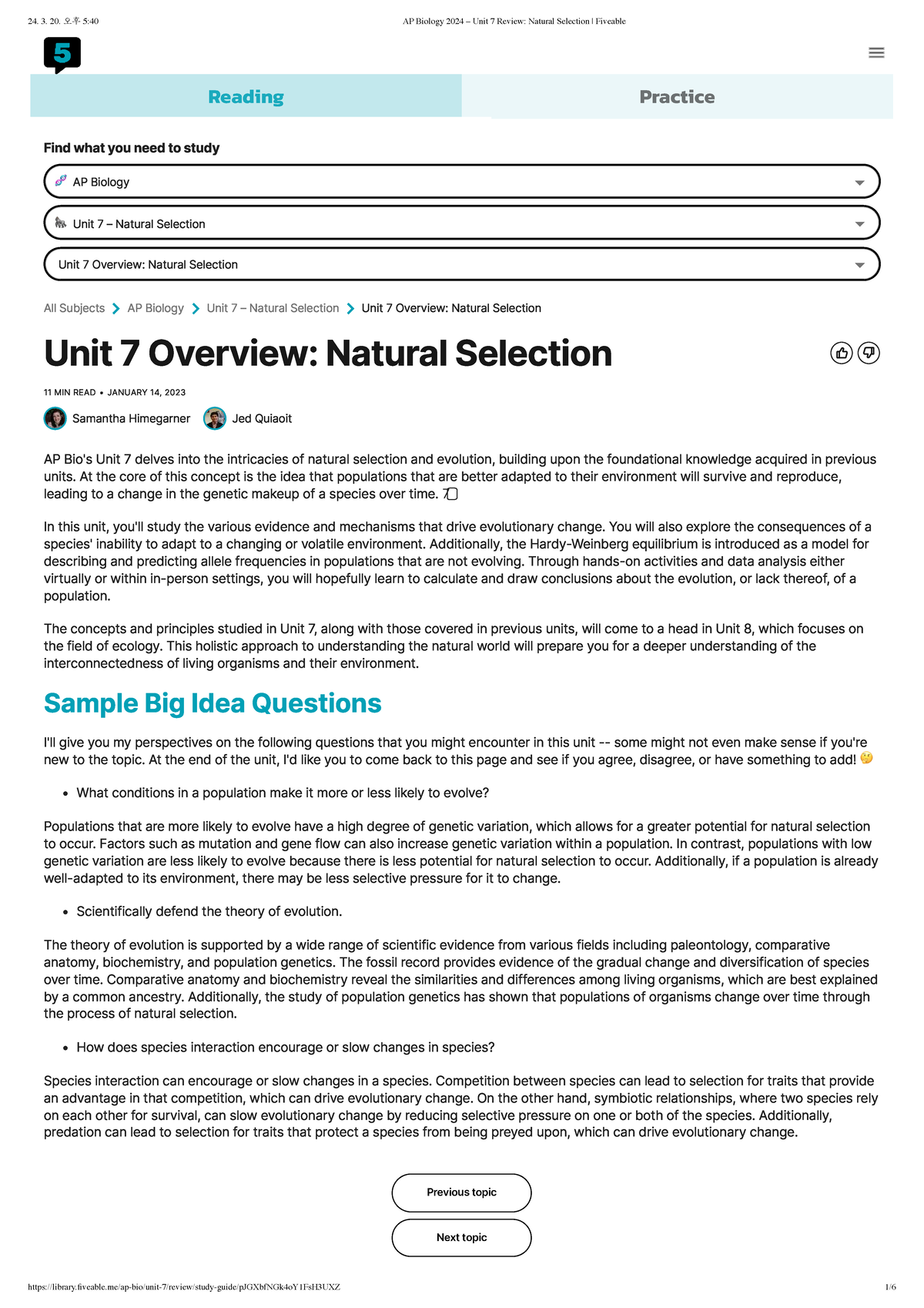 AP Biology 2024 – Unit 7 Natural Selection Comprehensive Review Guide ...