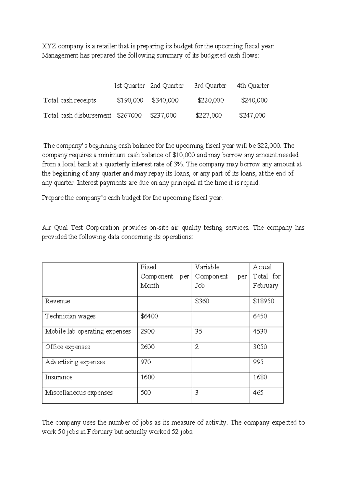 MGT 101: Cash Budget and Variance Analysis for Selected Problems - Studocu