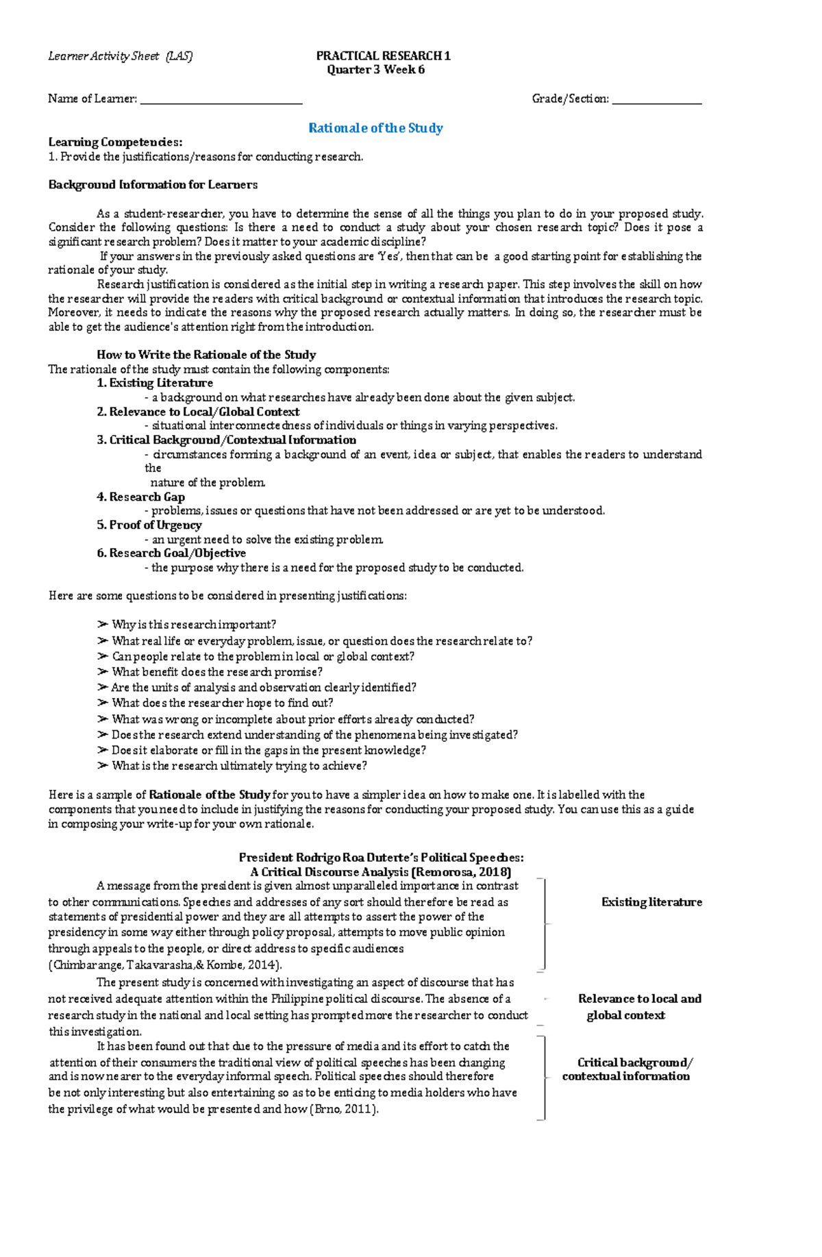 Rationale of the Study: Practical Research 1 LAS Quarter 3 Week 6 - Studocu