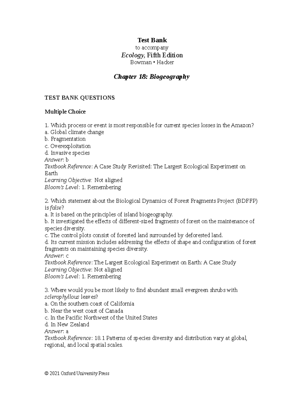 Bowman 5e Test Bank: Chapter 18 Biogeography Questions - Studocu
