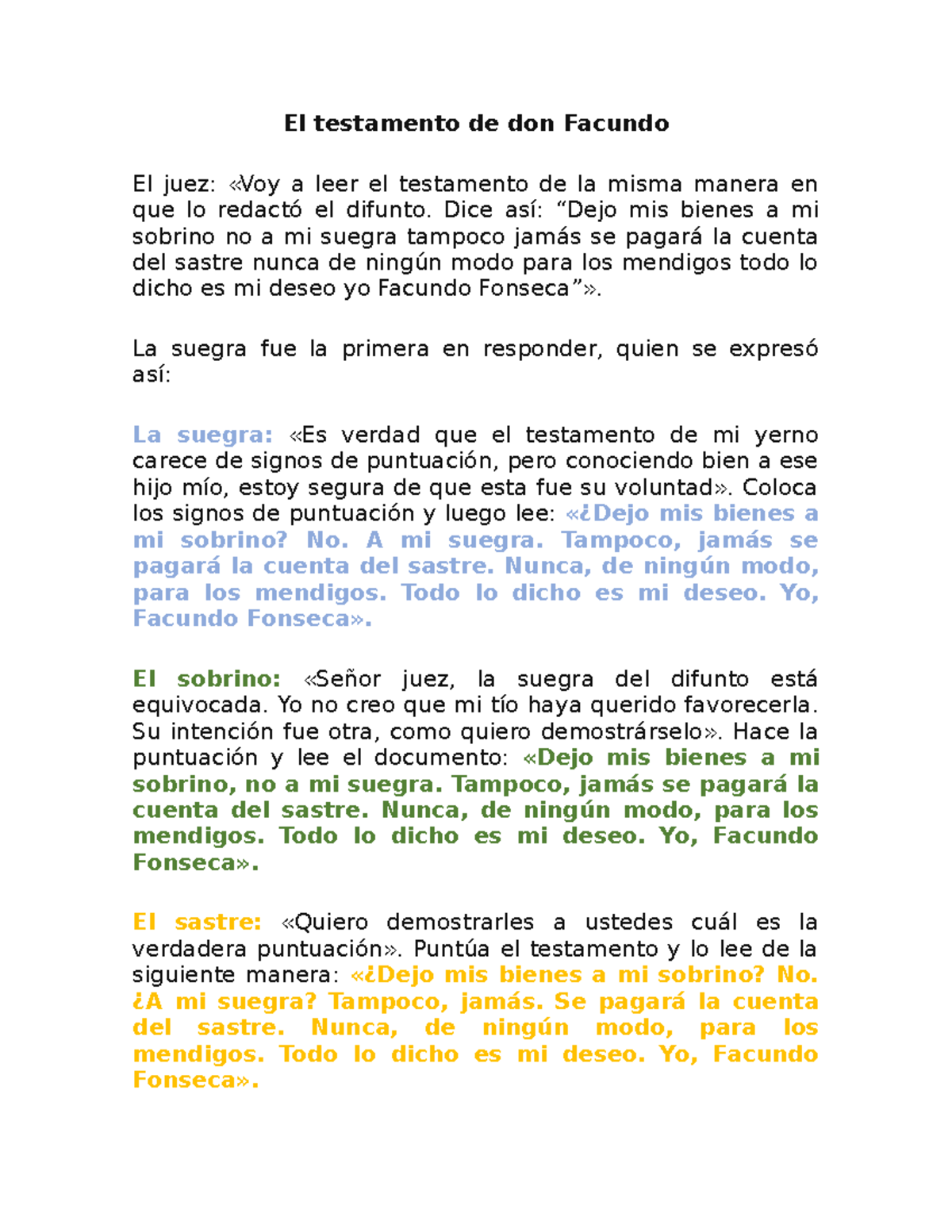 Análisis del Testamento de Don Facundo: Puntuación y Herencia - Studocu