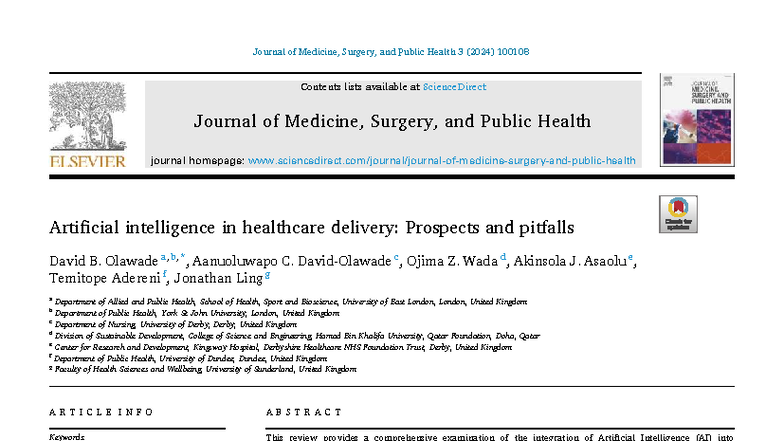 AI in Healthcare Delivery: Prospects and Challenges (MED 3, 2024) - Studocu
