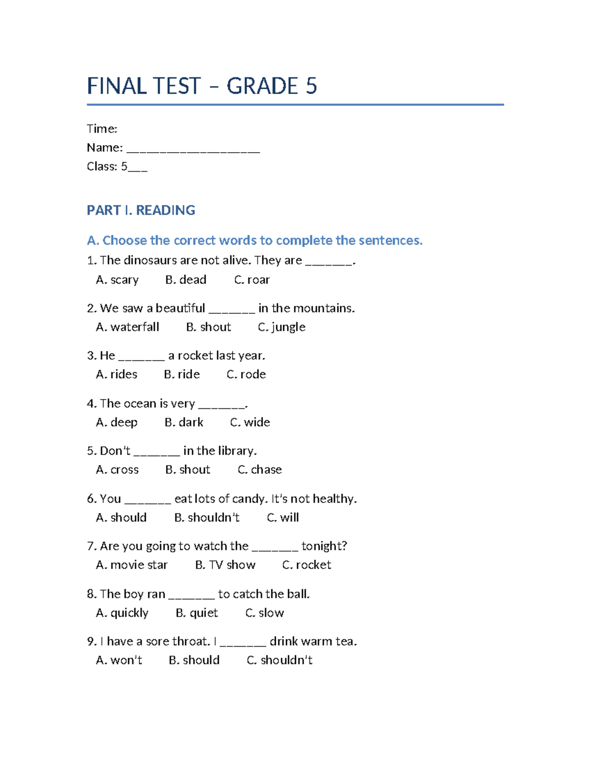 Final Test Grade 5 - Reading Comprehension and Sentence Structure - Studocu