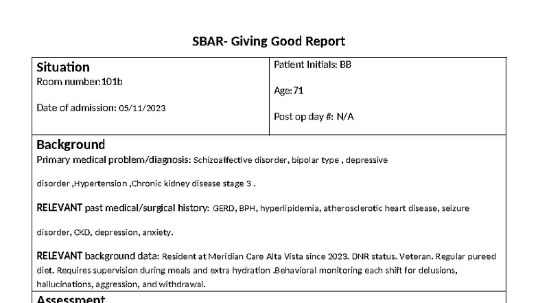 SBAR Report: Patient BB - Post-Op Care & Recommendations - Studocu
