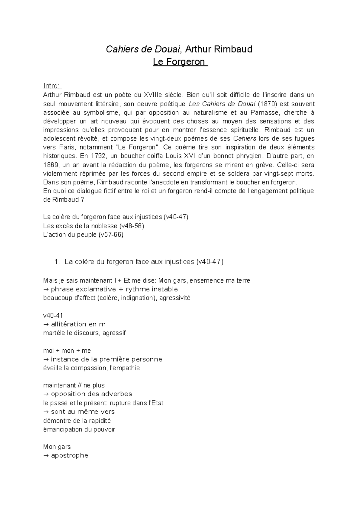 Analyse linéaire de "Le Forgeron" - Rimbaud - Cahiers de Douai - Studocu