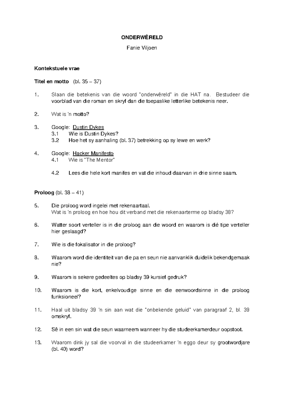 Onderwêreld Vrae en Antwoorde: Contextuele Vraestel en Hoofstukanalise ...