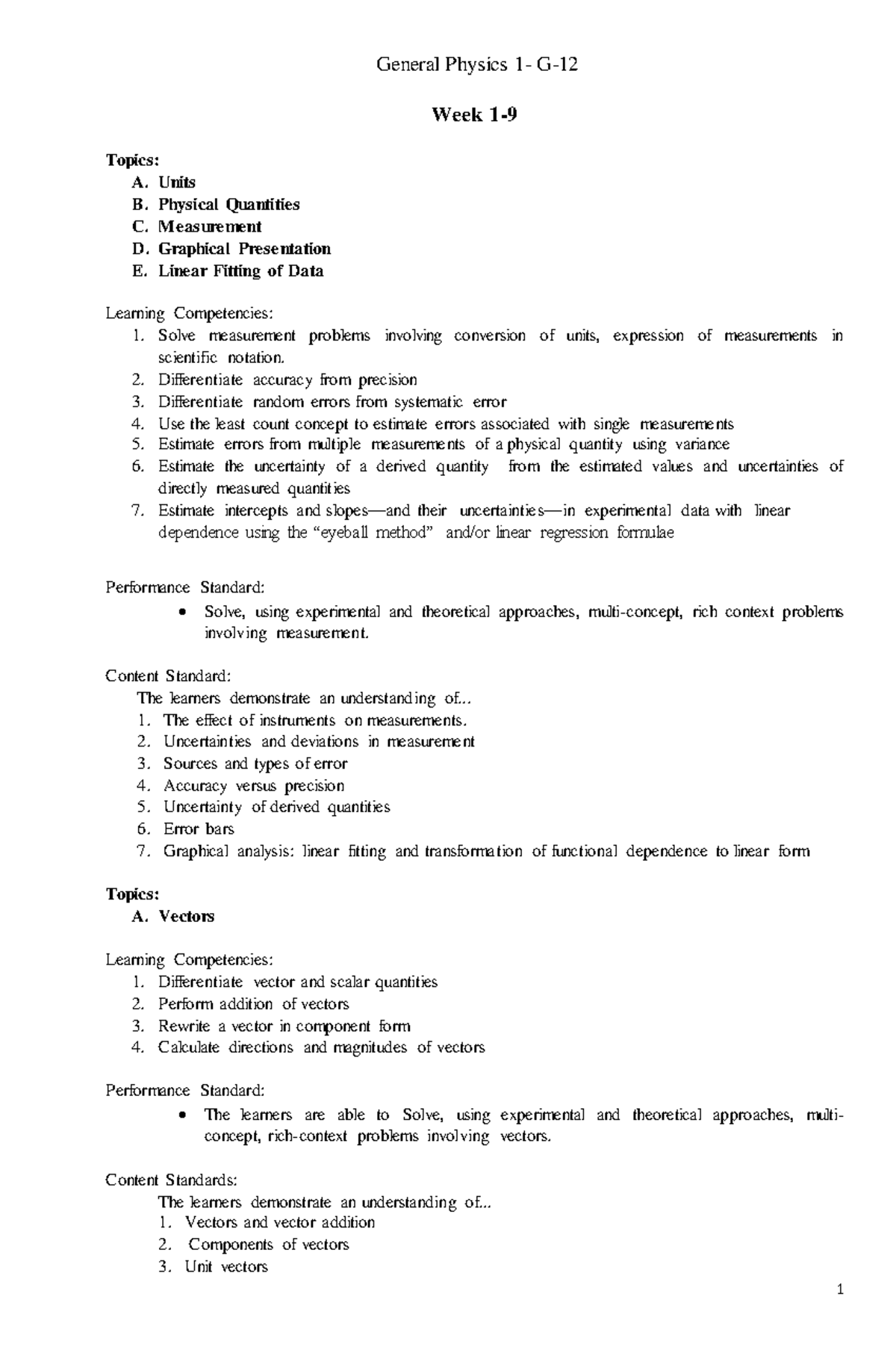 General Physics 1 (SHS) - Week 1: Units, Measurements & Motion Concepts ...
