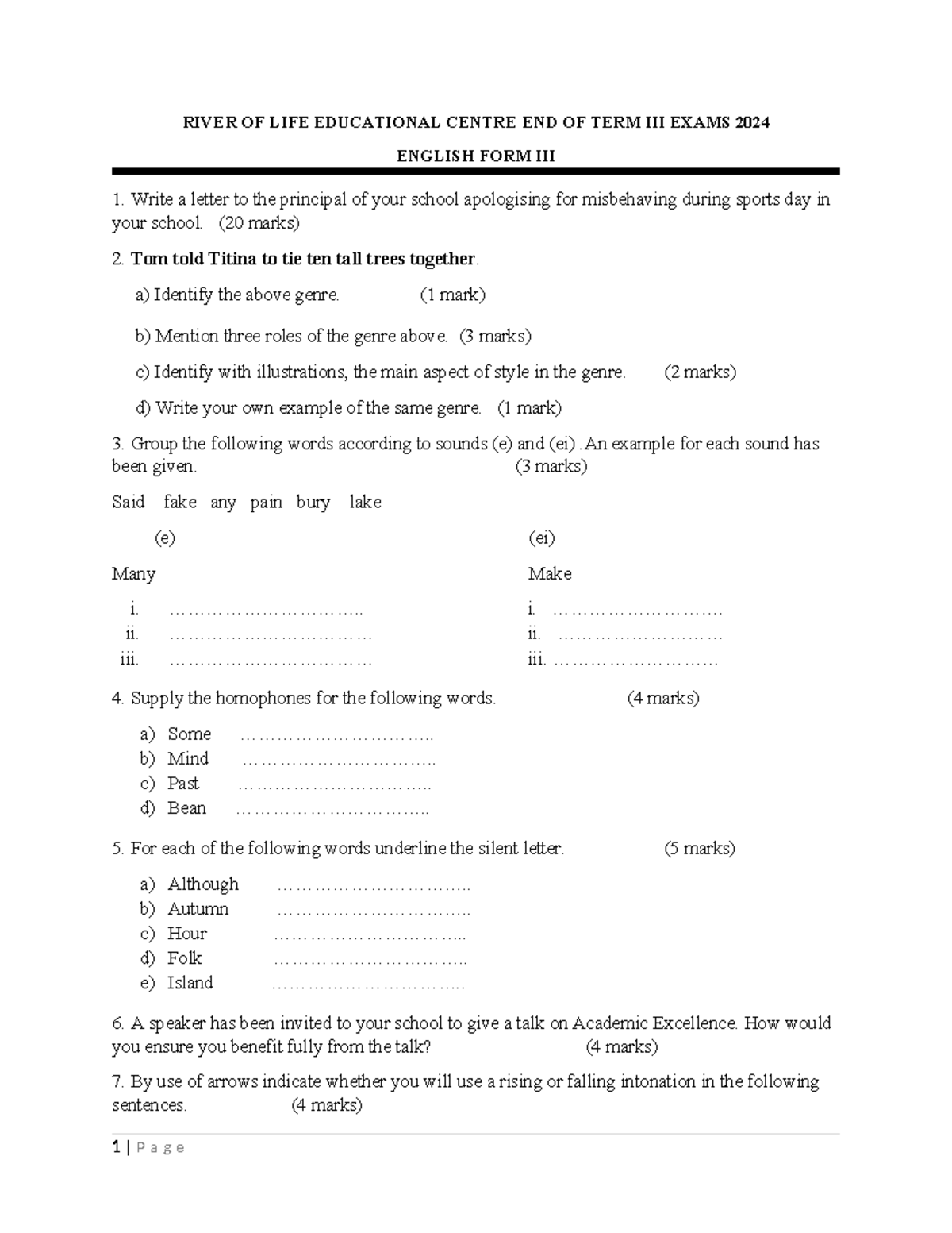 English F3 QNST 2024 End of Term III Exam Guide - Studocu