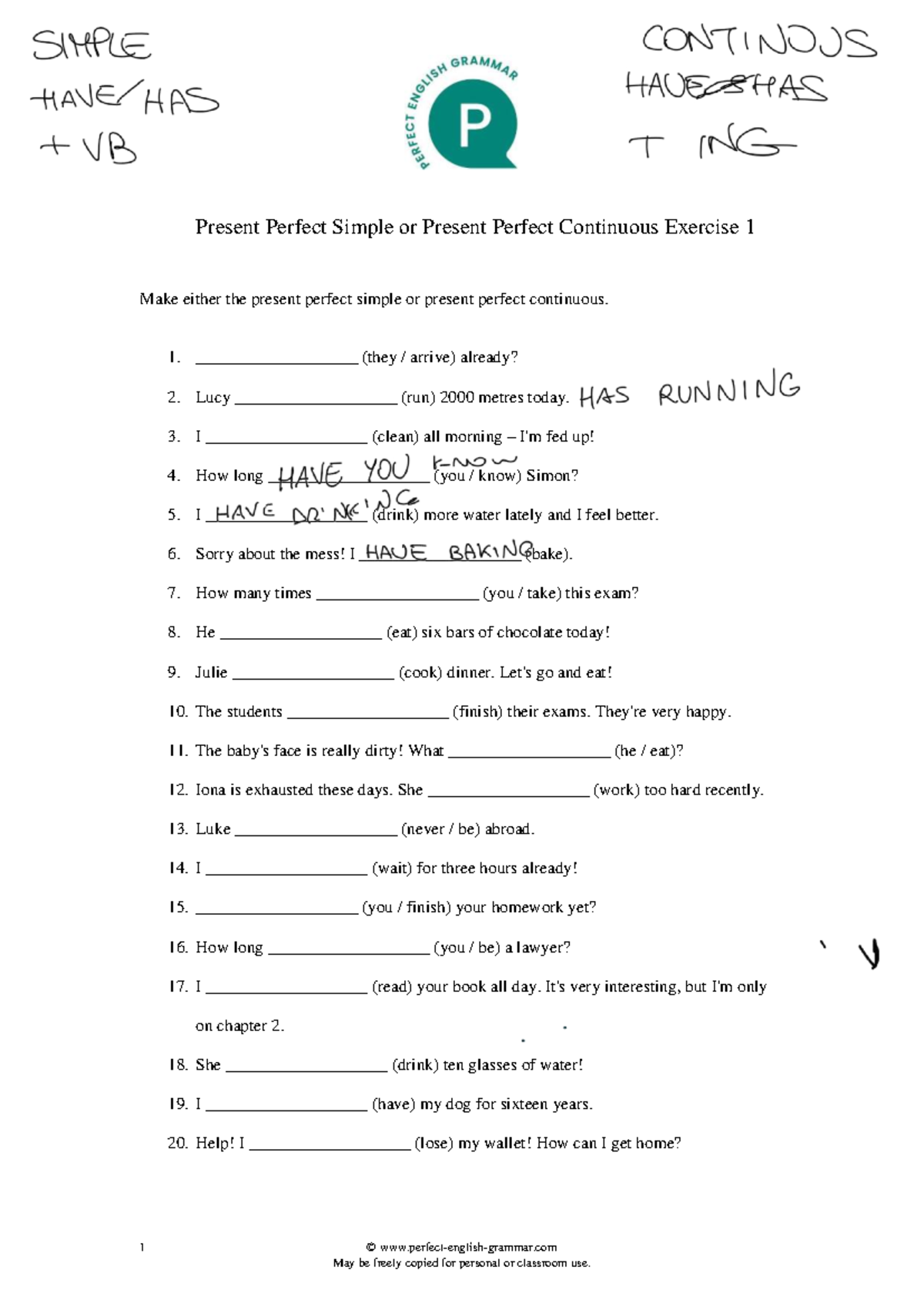 Present Perfect Simple vs Continuous Exercise 1 - Studocu