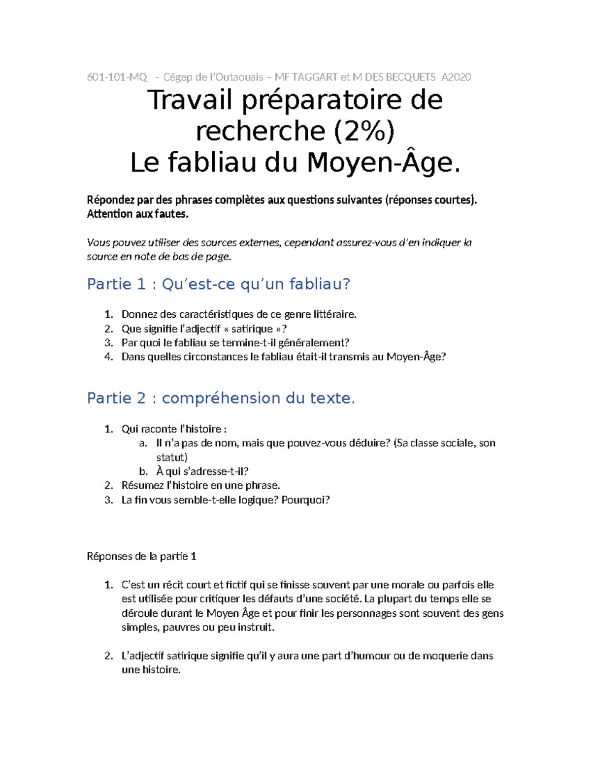 Fabliau - Travail préparatoire de recherche A2020 - Studocu