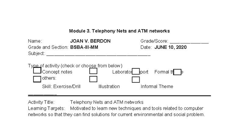 Module 3: Telephony Nets & ATM Networks Overview - Studocu