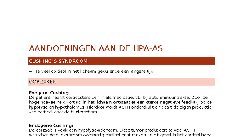 AANDOENINGEN AAN DE HPA-AS: Cortisol en Cushing Syndroom - Studocu