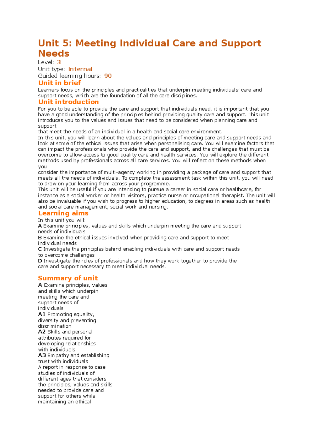 Level 3 Unit 5: Meeting Individual Care & Support Needs Overview - Studocu