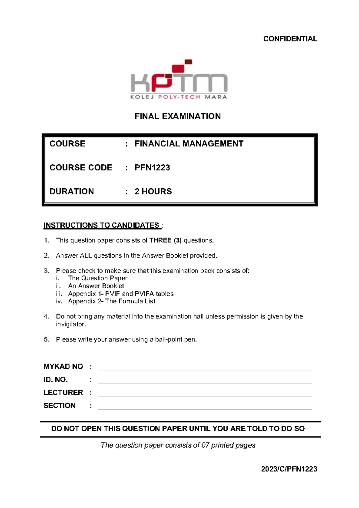 PFN1223 Financial Management Final Exam Paper 2023 - Studocu