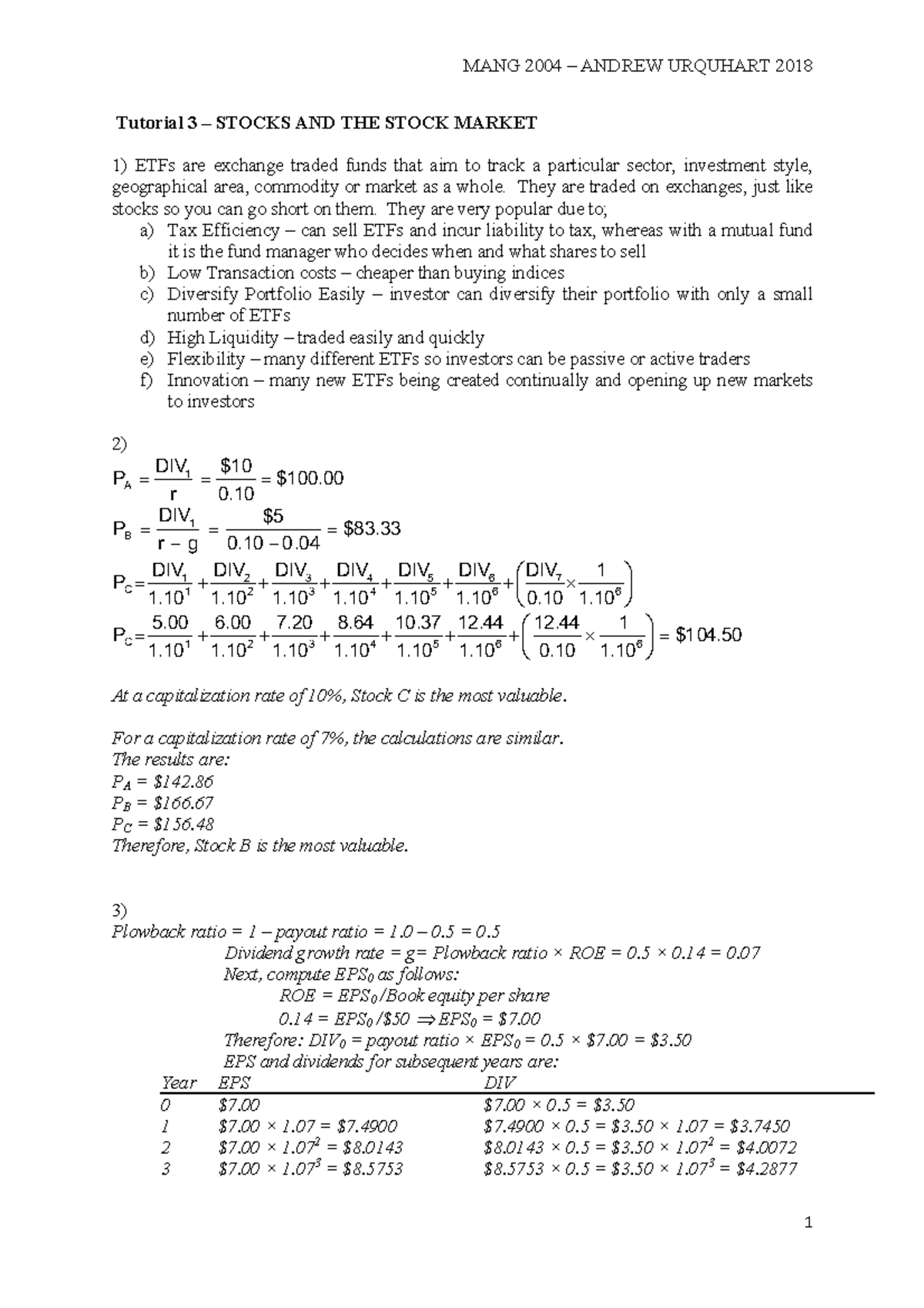 Tutorial 3 shares answers - Tutorial 3 – STOCKS AND THE STOCK MARKET ...