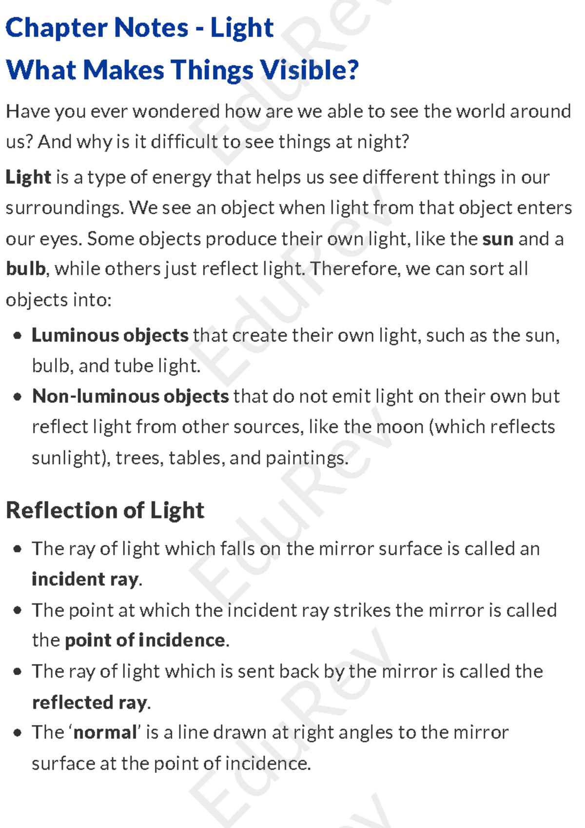 Light (Class 8) - Chapter Notes on Visibility and Reflection - Studocu