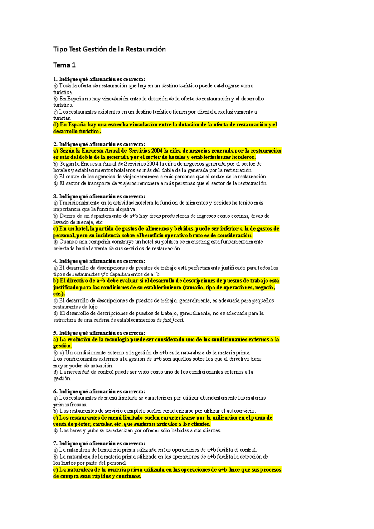 Tipo Test Gestión de la Restauración - Tema 1 a 5 - Studocu