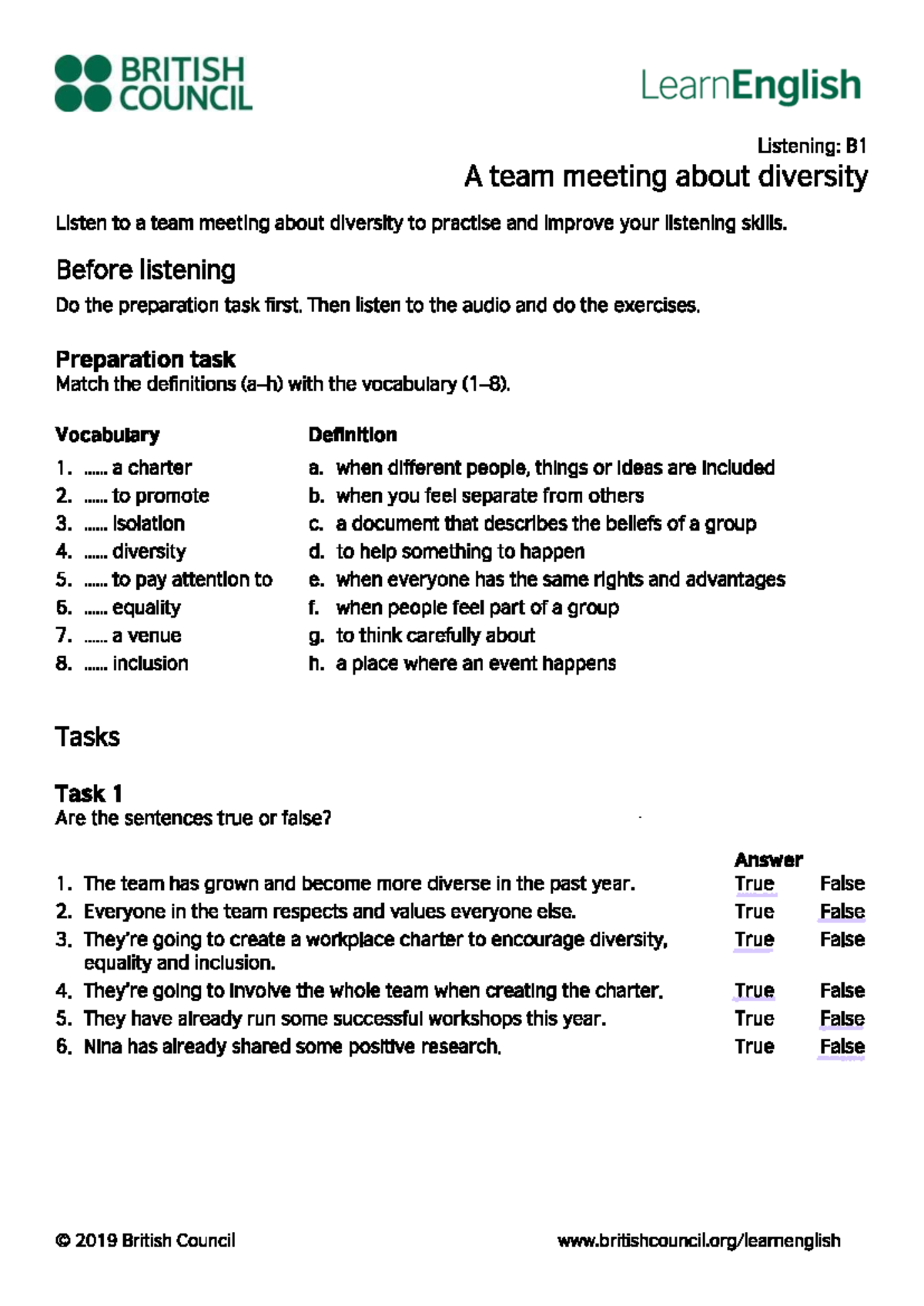 BRITISH COUNCIL LearnEnglish Listening: B1 Team Meeting on Diversity ...