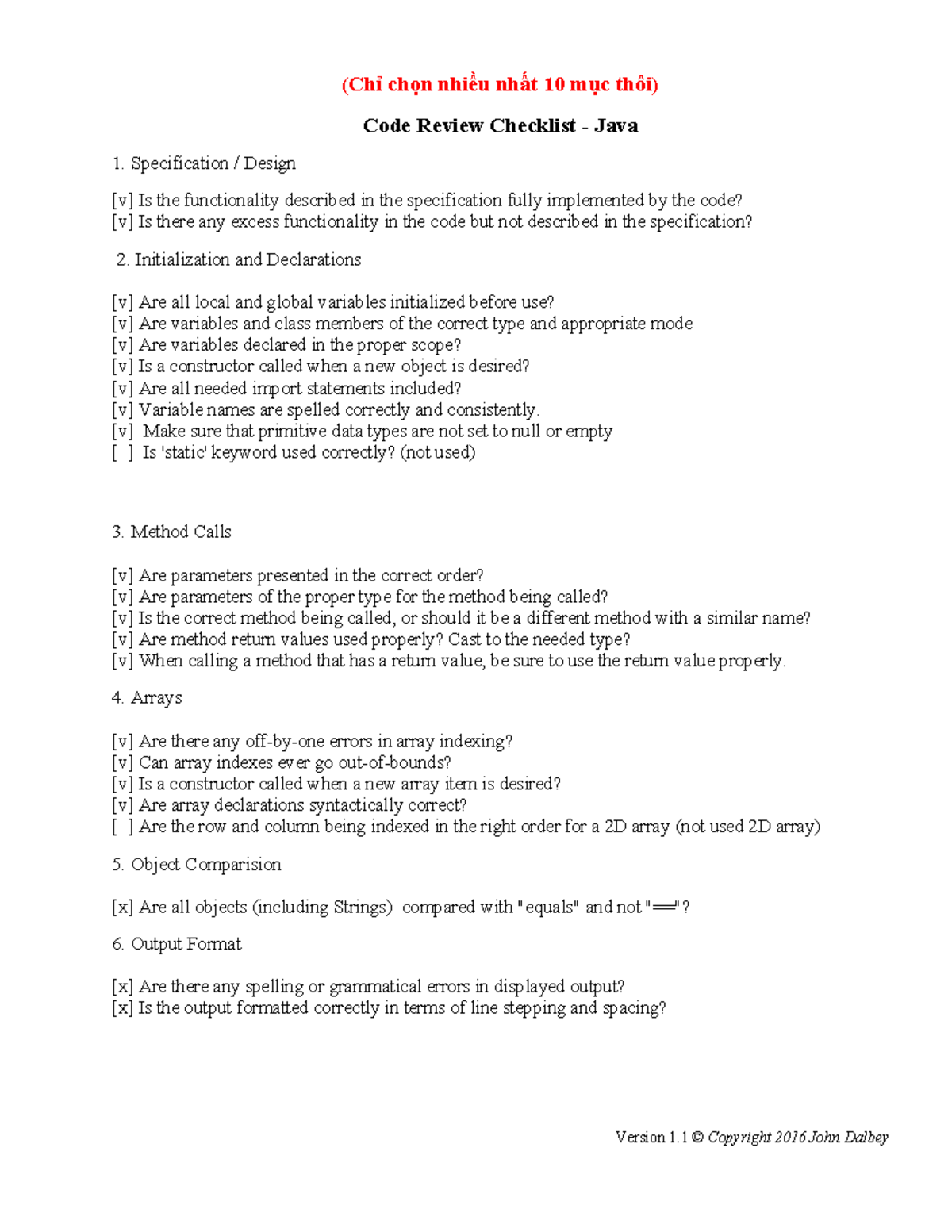 Code Review Checklist for Java (Java 1) - Studocu