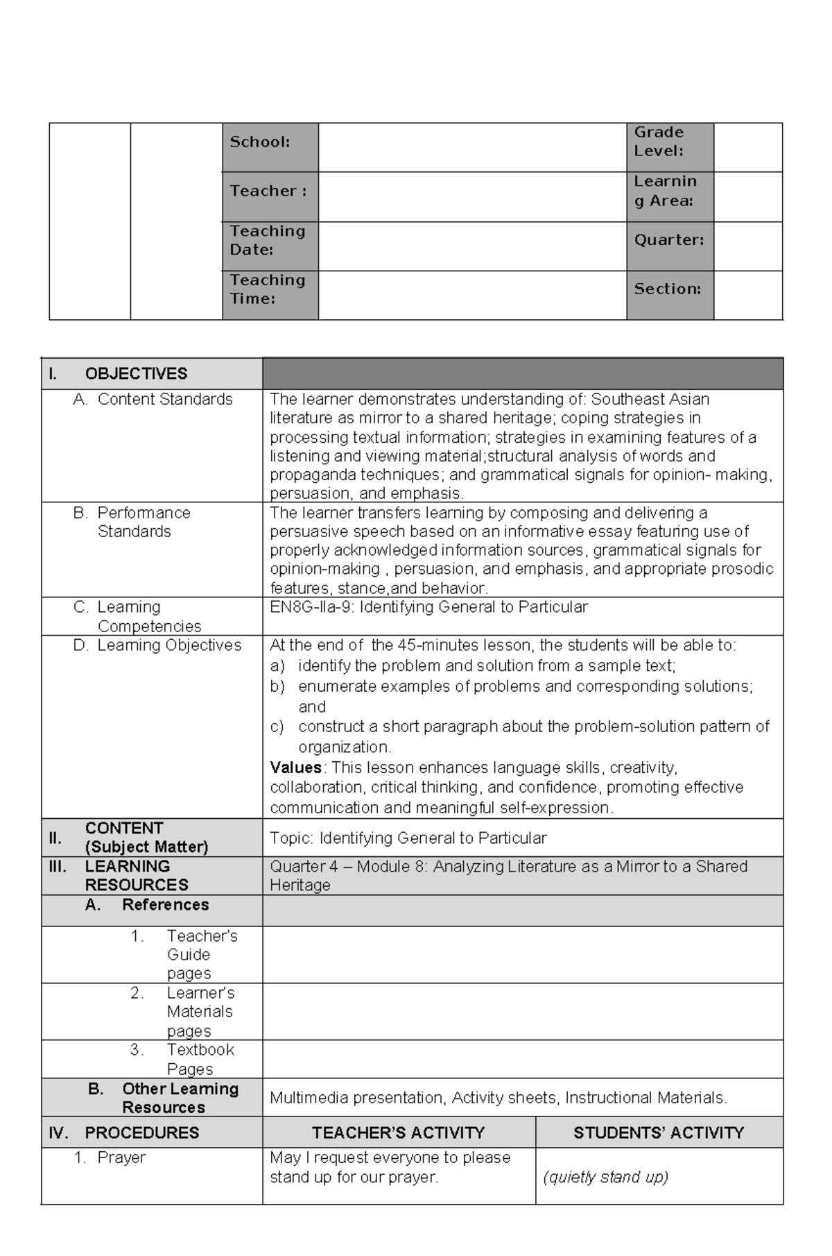 Lesson Plan: General to Particular (Quarter 4, Module 8) - Studocu