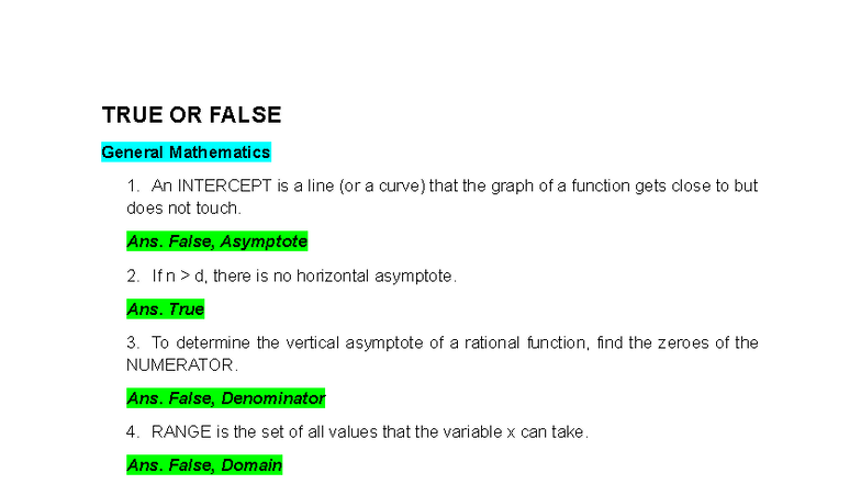 General Mathematics 1: True or False Questions and Answers - Studocu