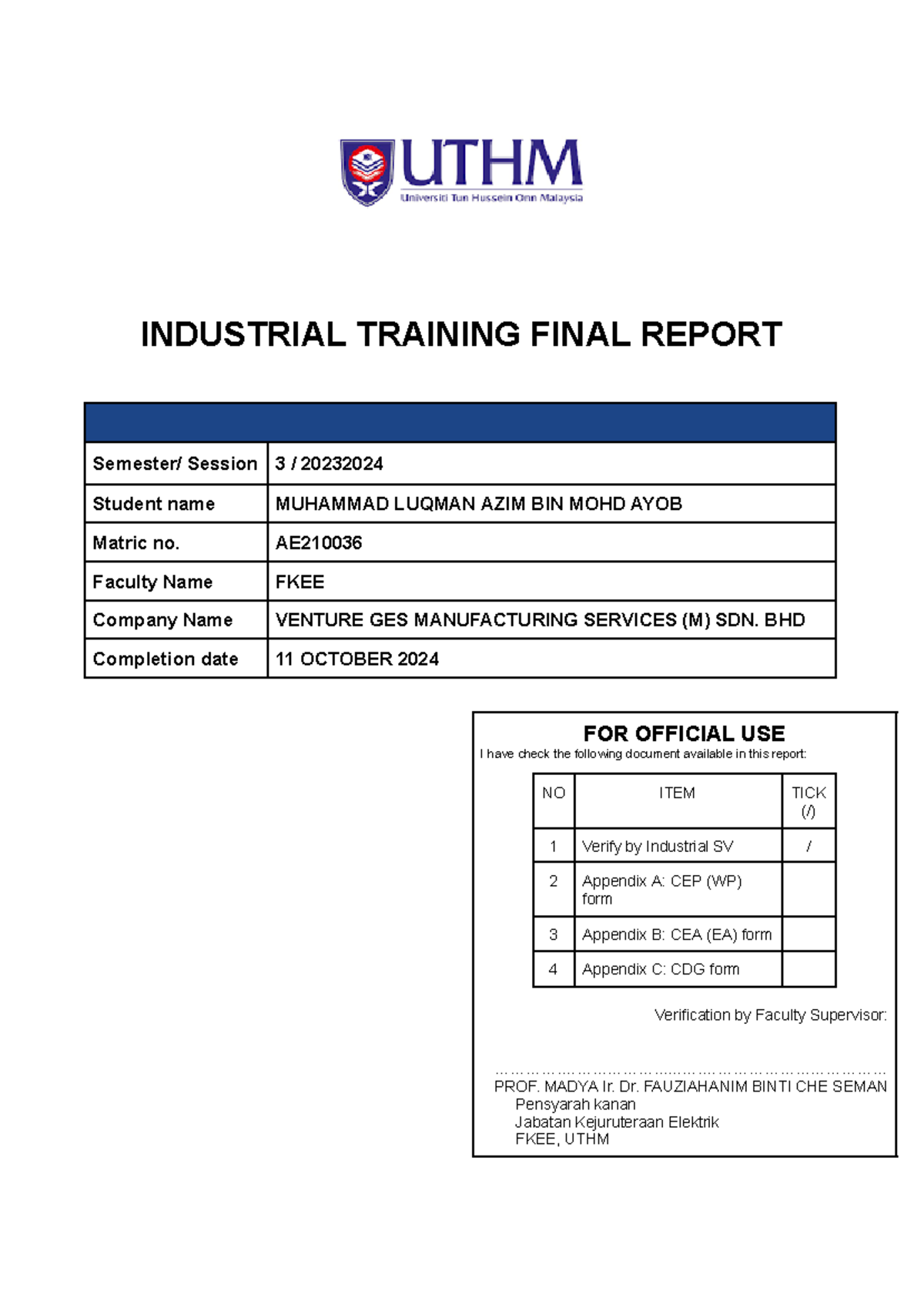 Final Industrial Training Report - Venture GES Mfg (AE) Semester ...