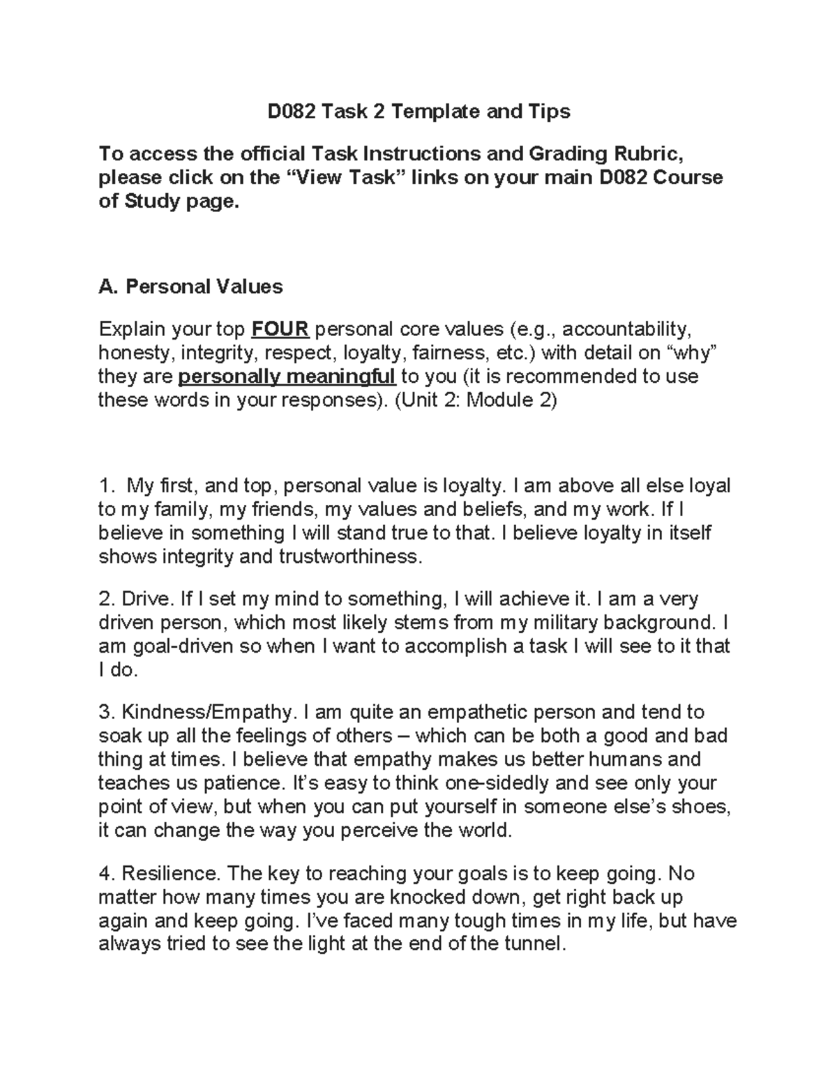 D082 Task 2: Personal Values and Diversity Challenges Analysis - Studocu