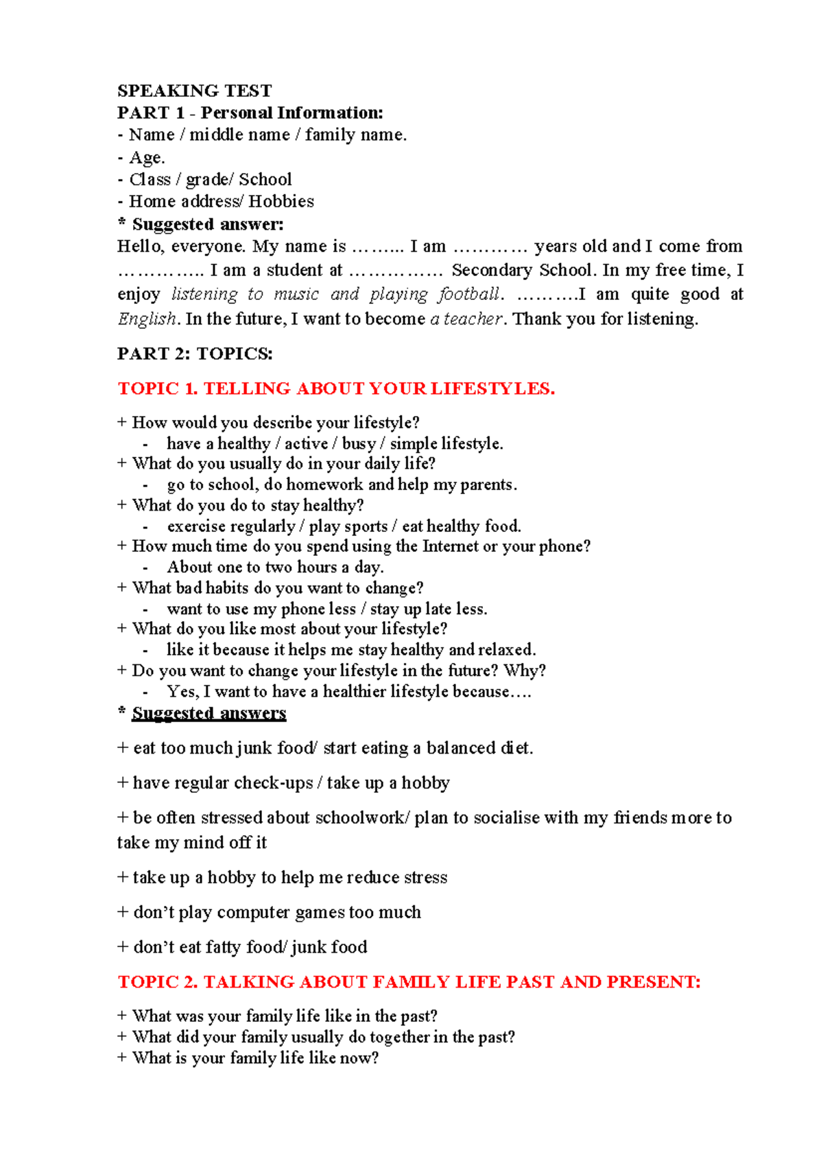 Speaking Test - Class 9 - Practical: Personal Info & Lifestyle - Studocu