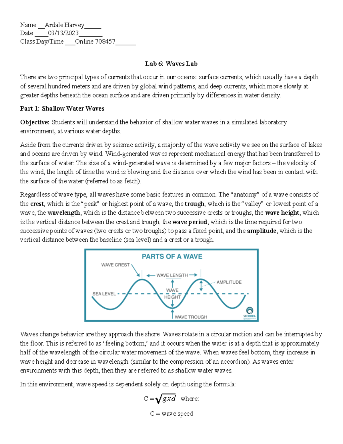 Ardale 708457 - Lab 6: Understanding Waves and Currents - Studocu