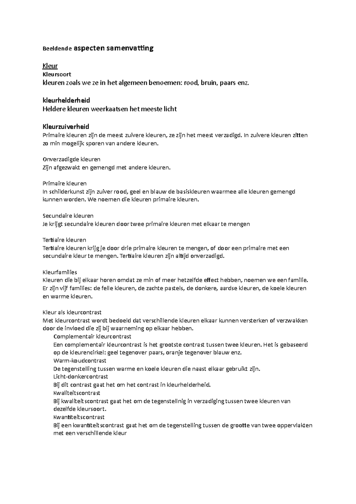 KG Samenvatting Beeldende Aspecten: Kleur en Licht in Kunst - Studeersnel