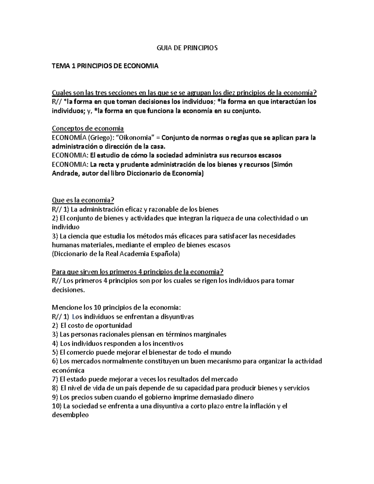 GUIA DE Principios - GUIA DE PRINCIPIOS TEMA 1 PRINCIPIOS DE ECONOMIA Cuales son las tres ...