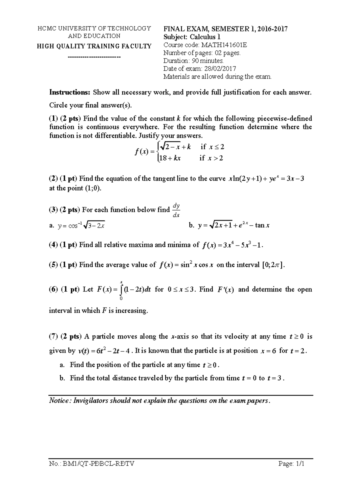 MATH141601E - Calculus 1 Final Exam Semester 1 - Studocu