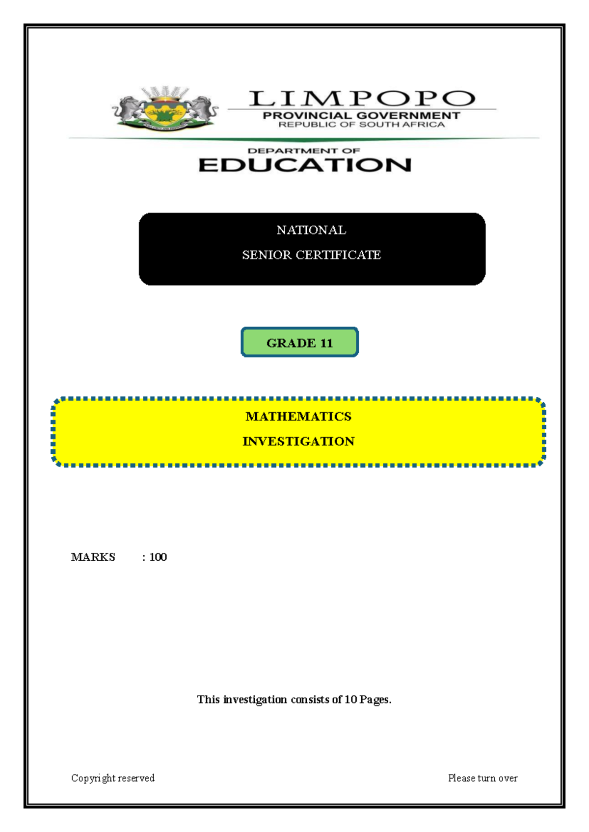 Grd 11 NSC 1 2025 Mathematics Investigation Marking Guide - Studocu