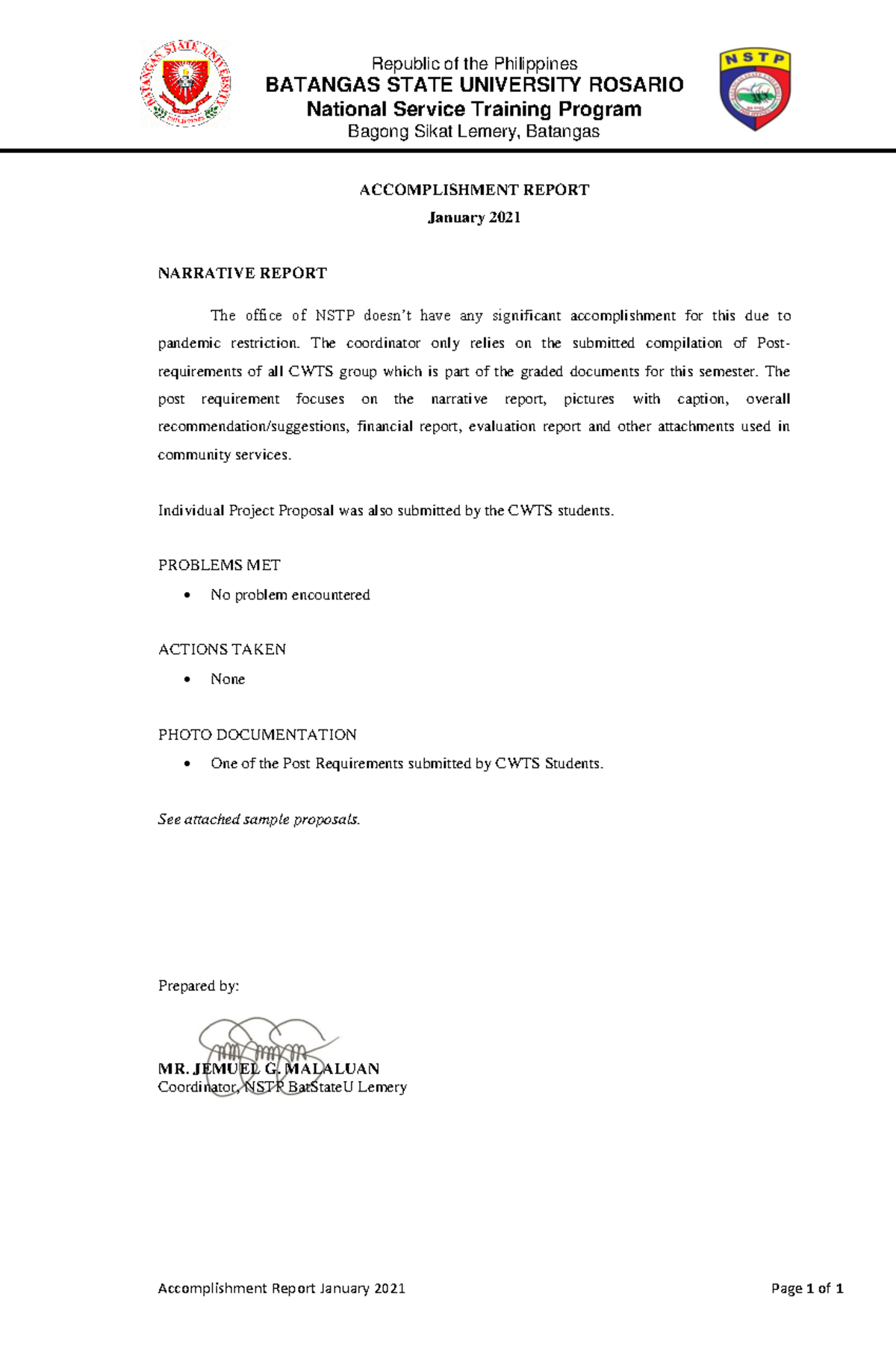 NSTP Accomplishment Report - January 2021 Overview and Summary - Studocu